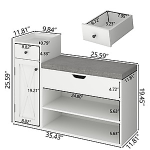 Loomie Shoe Storage Bench, 2-Tier Farmhouse Entryway Bench with Lift Top Storage Box, Drawer & Soft Removable Seat Cushion, Silm Shoe Rack with Shoe Cabinet for Entryway, Hallway, Bedroom, White