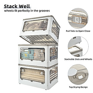 NEALYSEA 32Qt Plastic Storage Bins with Lid, Collapsible Storage Bins with Wheels, Storage Boxes with 4 Doors, Stackable Storage Bins for Organizing Clothes, Snacks and Camping, 2-Pack (Grey)