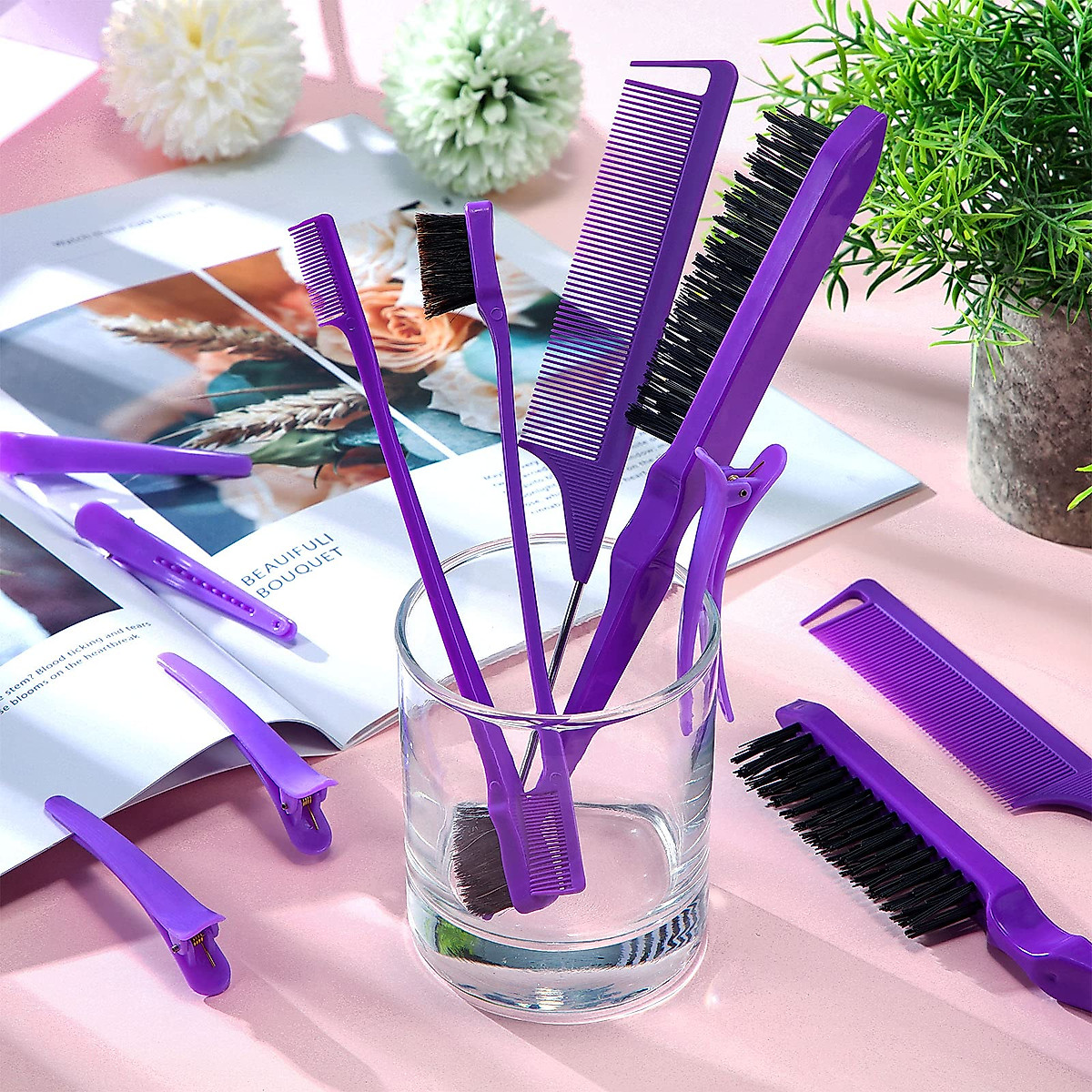 Remerry Nylon Hair Brush Set for Women & Girls, 12 Pieces Including 3 Row Salon Teasing Brushes, Double Sided Hair Edge Brush, Rat Tail Combs, Duckbill Clips - Purple