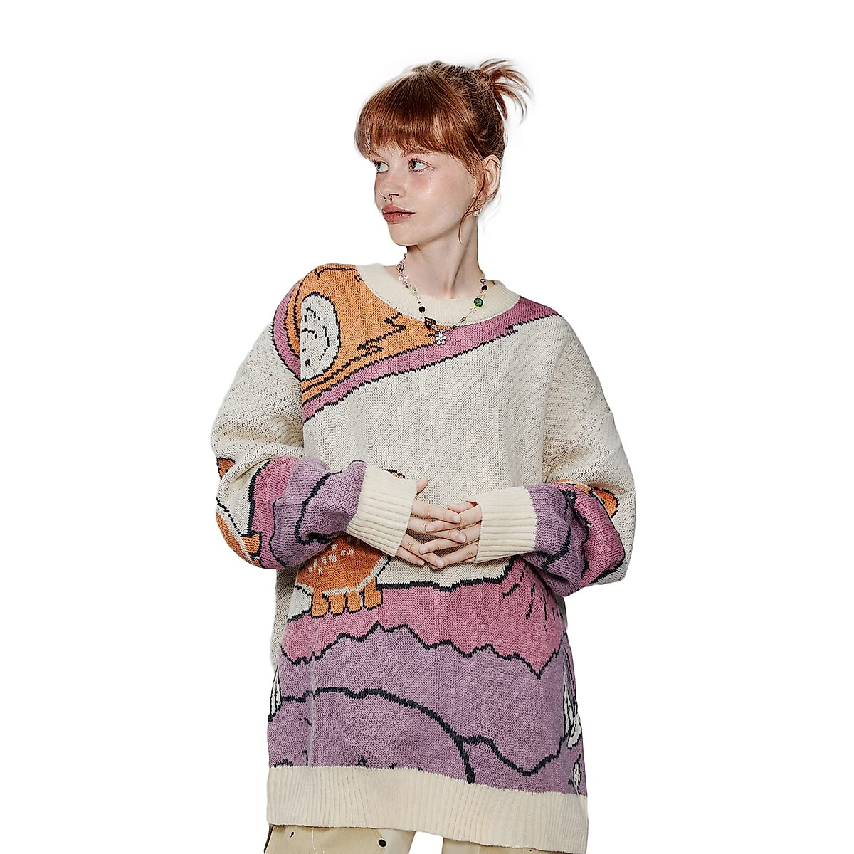 Aelfric Eden Men's Oversized Dinosaur Knit Sweater Vintage Cartoon Pullover Sweater Long Sleeve Christmas Sweater