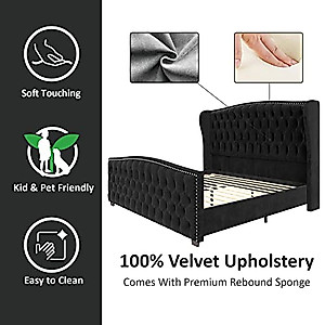 AMERLIFE King Size Platform Bed Frame, Velvet Upholstered Bed with Deep Button Tufted & Nailhead Trim Wingback Headboard/No Box Spring Needed/Black
