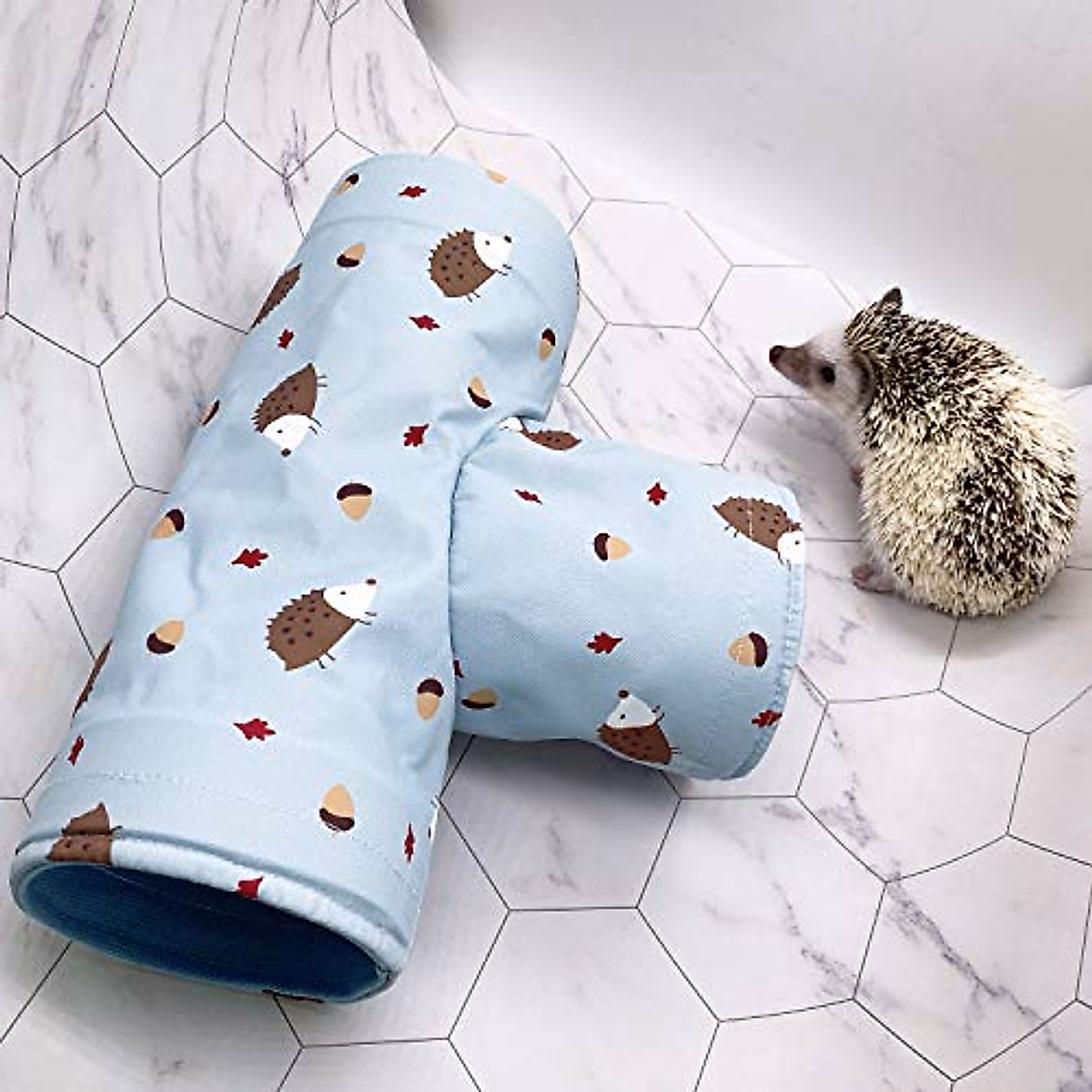 Handmade Small Animal 3-Way Hideout Tunnel Collapsible Pet Play Toy Tunnel Tube for Dwarf Rabbit Hamster Guinea Pig Chinchilla Sugar Glider Hedgehog (Blue)