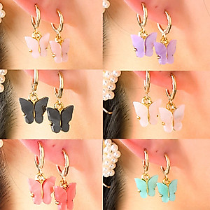 Small Gold Hoop Butterfly Earrings, DORAFO 6 Pairs Colorful Gold Huggie Hoop Dangle Earrings, Cute Dangling Acrylic Butterfly Earrings Set for Women - Mix Colors