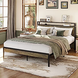 LIKIMIO Queen Bed Frame with Storage Headboard, Platform Bed Frame Queen Size with Strong Supports, More Sturdy, Noise-Free, No Box Spring Needed, Rustic Maple