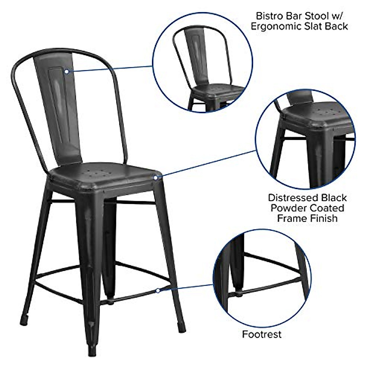 Flash Furniture Carly Commercial Grade 24" High Distressed Black Metal Indoor-Outdoor Counter Height Stool with Back