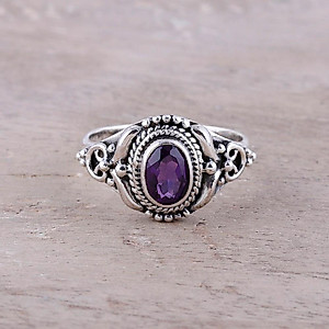 NOVICA Artisan Handmade Amethyst Cocktail Ring Traditional from India Sterling Silver Red Single Stone Marsala Birthstone [ring Front 0.5 in L x 0.4 in W x 0.2 in H Band Width 3 mm W] ' Traditional