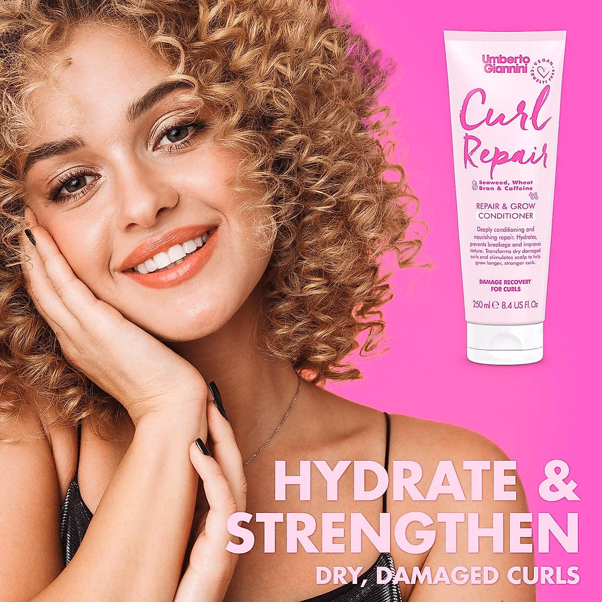 Umberto Giannini Curl Repair Conditioner, Vegan & Cruelty Free Repair & Growth Formula with Seaweed, Wheat Bran & Caffeine, 250 ml
