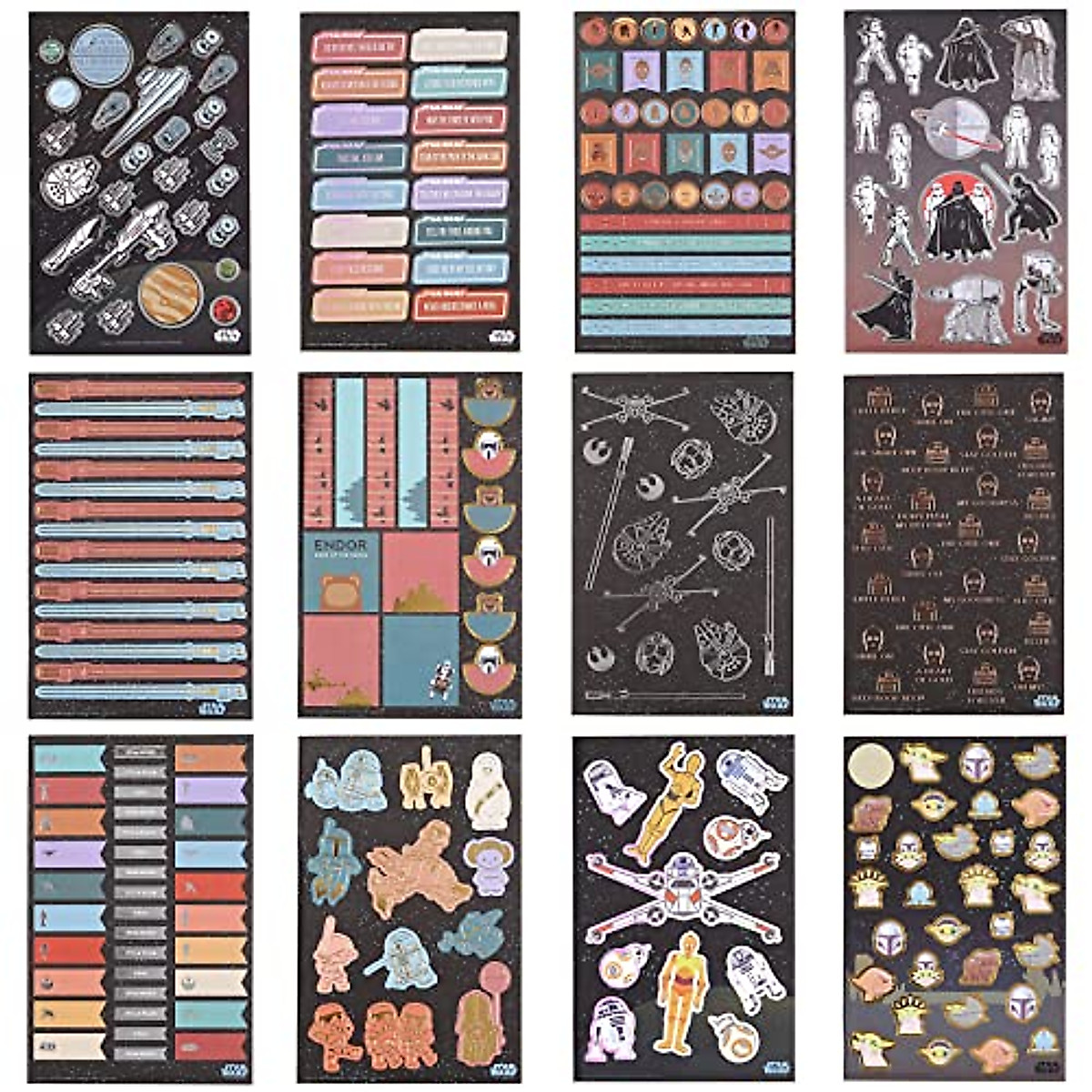 Star Wars x Erin Condren Classic Sticker Book - 254 Stickers Total. 12 Mixed Metallic Sticker Sheets. 5" x 7.75". Fun and Functional Star Wars Designs by Erin Condren.