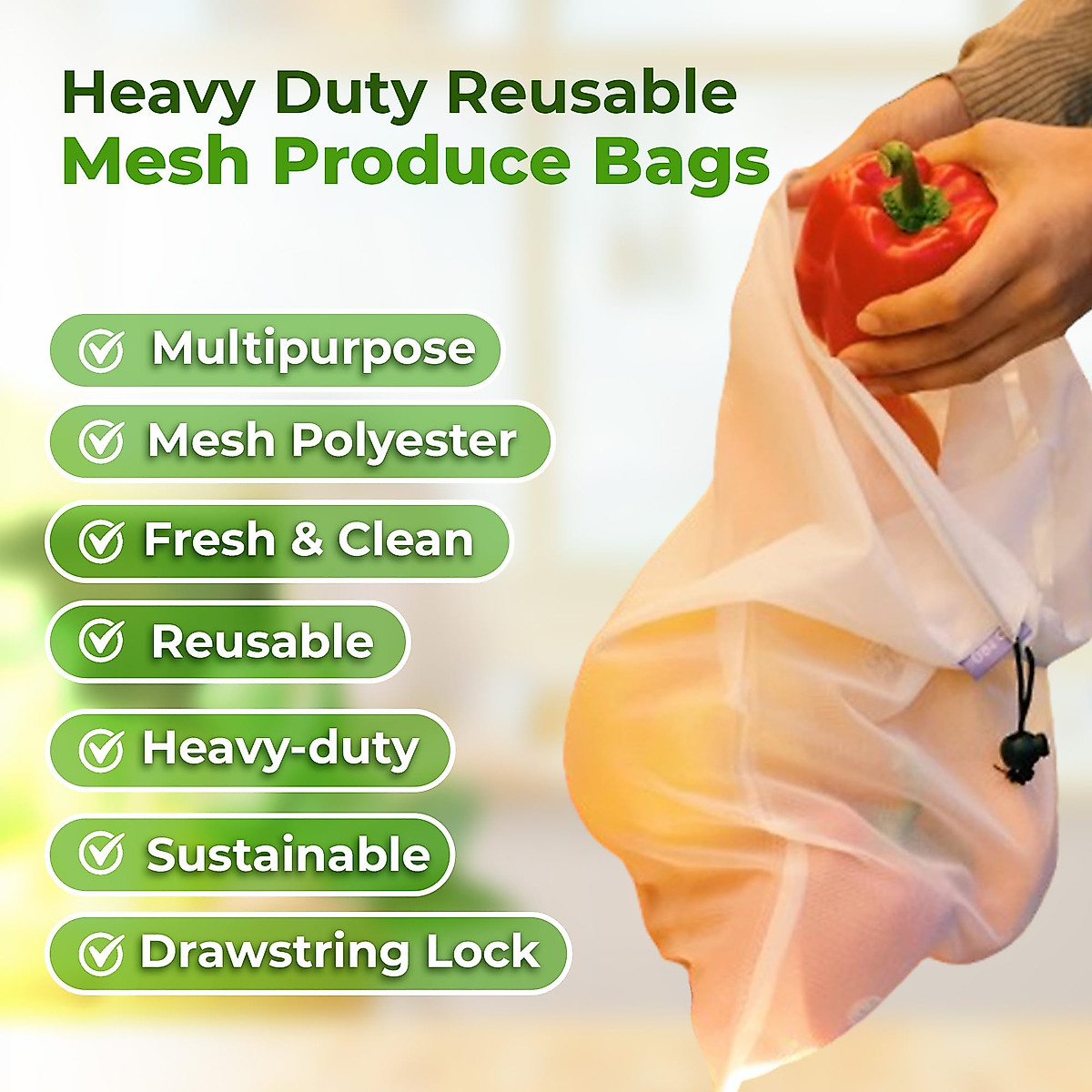 purifyou Reusable Produce Bags | Washable Mesh Set of 9 Grocery with Drawstring, Large Foldable Washable Shopping Bags for Fridge Storage, Freshness, Fruits, Vegetables, Toys, Groceries, Kitchen, Home, Farmers Market, Gift Bags and Travel