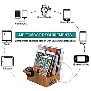 Bamboo Cell Phone Charging Station, Charger Organizer for Multiple Devices Compatible with Cell Phones, Watch, Tablet (with Watch Stand, 5 Port USB Charger, 6 Charger Cables) -BambuMate