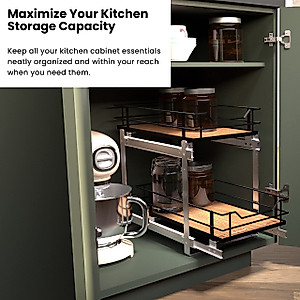 Home Zone Living Pull Out Kitchen Cabinet Organizer with 2 Tiers of Storage for Easy Access, 12”W x 20”D, Matte Black with Dark Brown, Virtuoso Collection