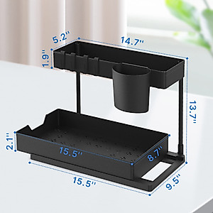 2 Pack Under Sink Organizer, L-Shaped 2-Tier Sliding Basket Organizer with 4 Hooks and Hanging Cup,Multi-purpose Organizer and Narrow Space Storage Shelf for Bathroom Kitchen Cabinet, (Black 2 Pack)