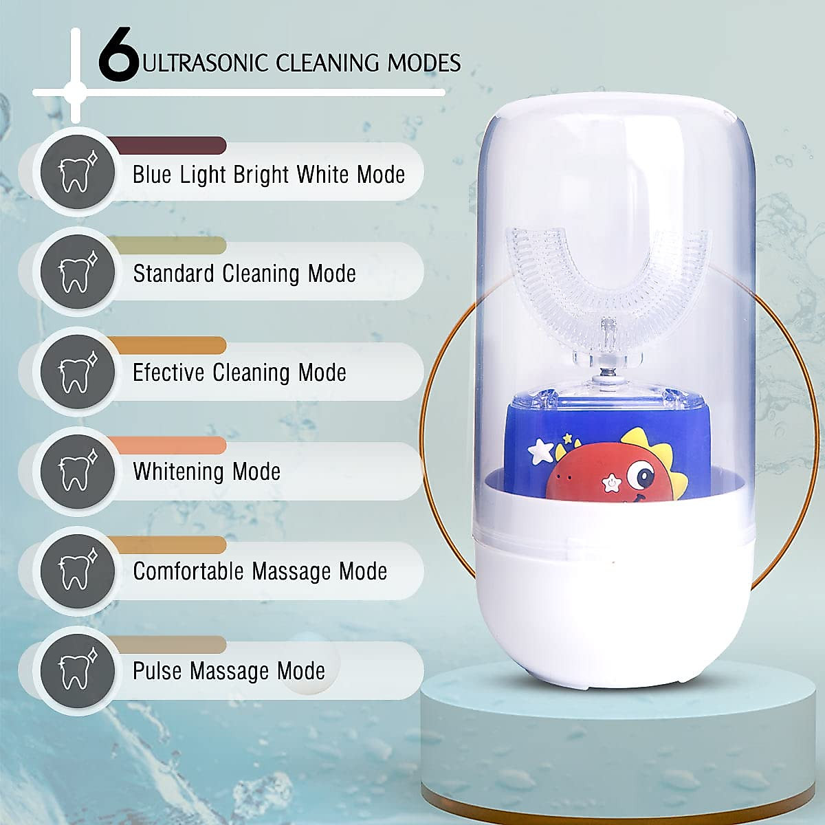 JAKABRO U-Shaped Dinosaur Kids Toothbrush with Case | IPX7 Waterproof Toddler Electric Ultrasonic Autobrush Mouthpiece | Six Advanced Cleaning Modes, Rechargeable Long-Lasting Battery.(Ages 2-12)