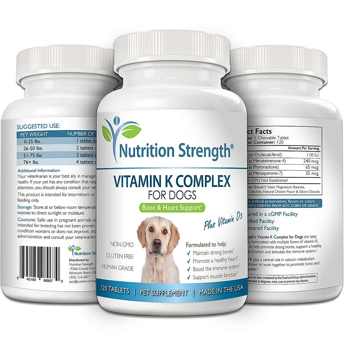 Nutrition Strength Vitamin K for Dogs, Vitamins K1 & K2 (MK4 & MK7) + Vitamin D3, Help Maintain Strong Bones, Promote Healthy Heart, Boost Immune System, Support Muscle Function, 120 Chewable Tablets