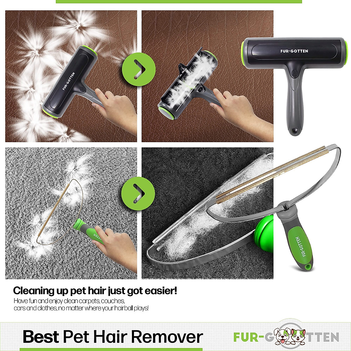 Pet Hair Remover - Reusable Dog Hair Remover and Cat Hair Remover | Pet Hair Remover for Couch, Furniture, Carpet, Car Seats or Bedding | Pet Hair Removal Tool with Carpet Scraper by FUR-GOTTEN