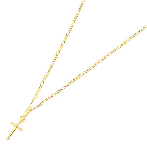Ioka 14K Yellow Gold Plain Cross Pendant with 1.2mm Figaro 3+1 Chain Chain Necklace - 16"