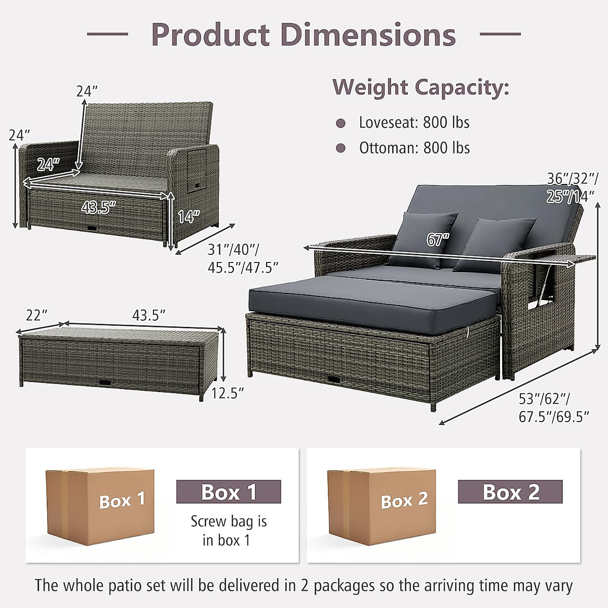 Tangkula Patio Rattan Daybed Set, Wicker Loveseat Sofa w/Multipurpose Ottoman & Retractable Side Tray, 4-Level Adjustable Backrest, Footstool w/Storage, Seat & Back Cushion Included (Gray)