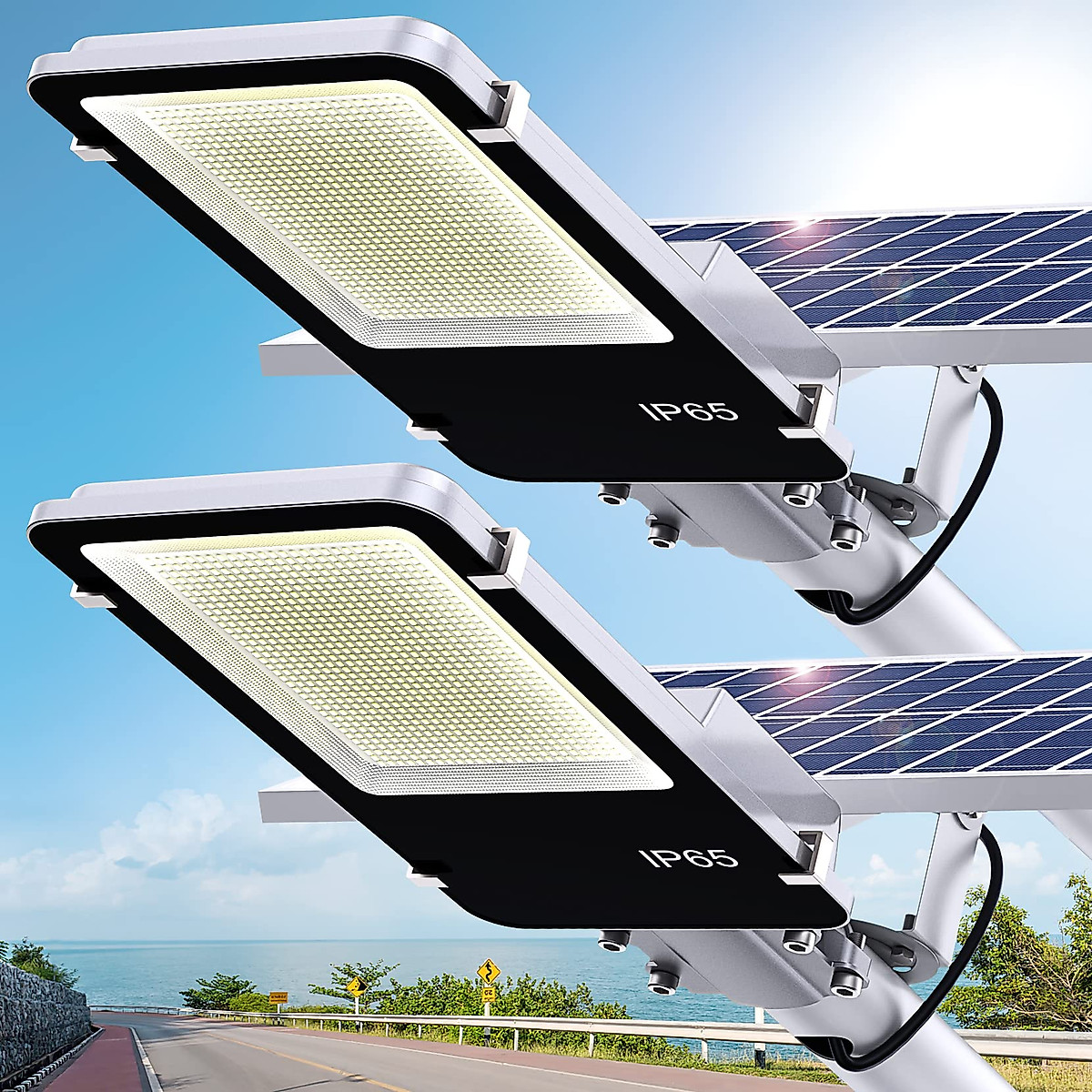 BUYTHA Solar Street Lights Outdoor - 1200W Solar Parking Lot Lights - Solar Flood Light Powered Waterproof with Remote Control, Dusk to Dawn, LED Street Lights Outdoor for Commercial Grade(2 Pack)