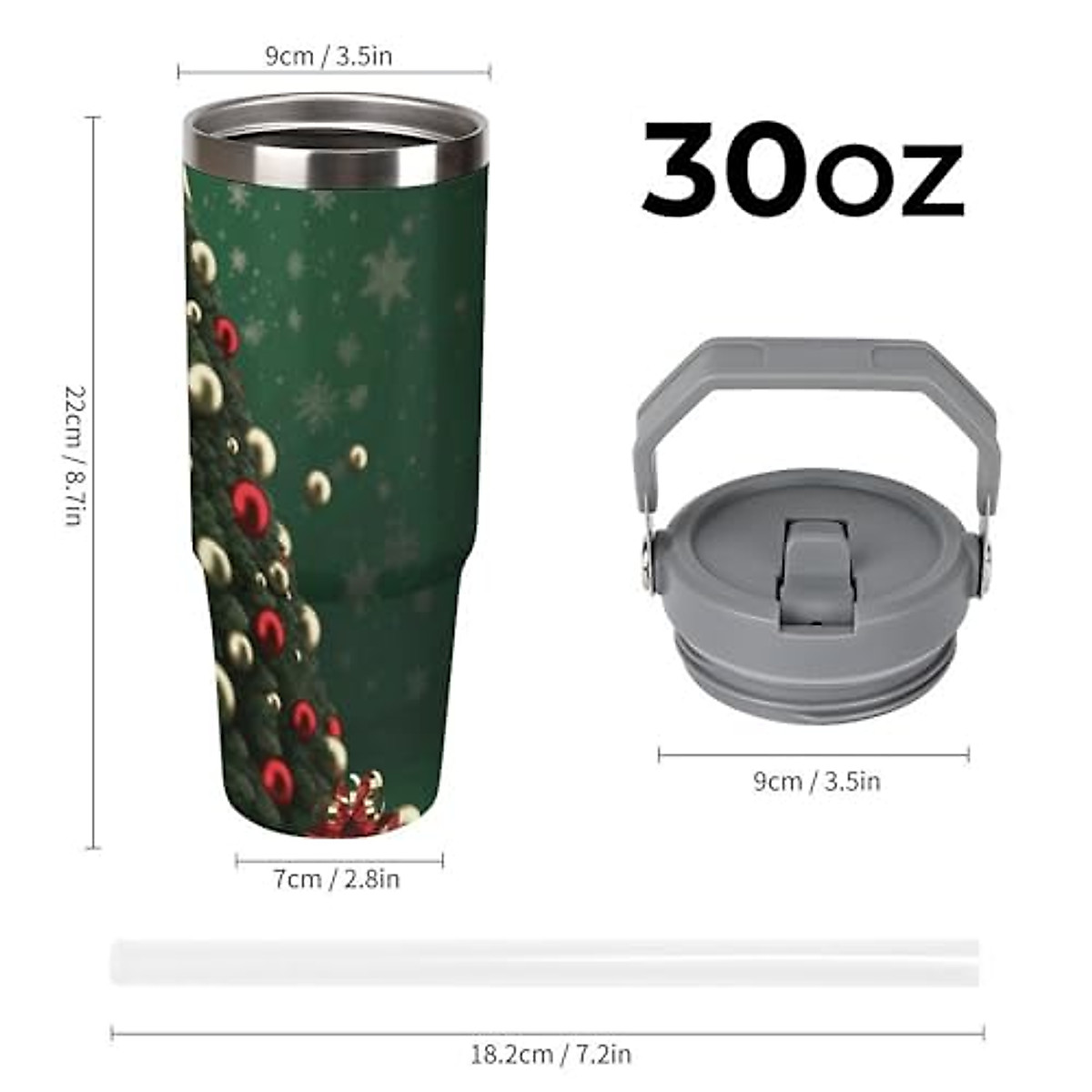BWQJKUO Large Capacity Car Cup 30 Oz Stainless Steel Round Ball Christmas Tree Printed Travel Mug Leak-proof Flip Straw Tumbler with Handle,keeps Cold Or Ho