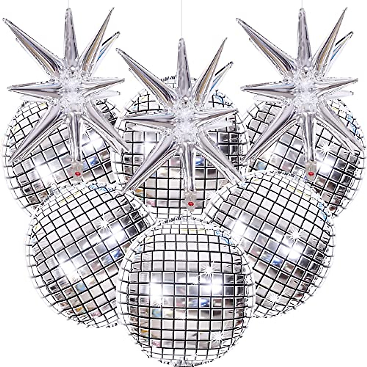 9 Pcs Giant Silver 4D Disco Ball Balloons, 22 Inch Silver Explosion Star Foil Mylar Balloons And 4D Round Metallic Silver Disco Balloons For 70s 80s 90s Disco Theme Party Decorations