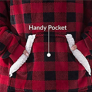 FLYCHEN Blanket Hoodie Blanket Oversized Wearable Sherpa Hoodie with 2 Pockets Red Plaid