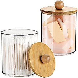Amolliar Qtip Dispenser Apothecary Jars with Bamboo Lids - 12 oz Clear Plastic Vanity Makeup Organizer Storage Canister - Bathroom Accessories for Q-Tips, Cotton Swab, Cotton Ball, Floss (2)