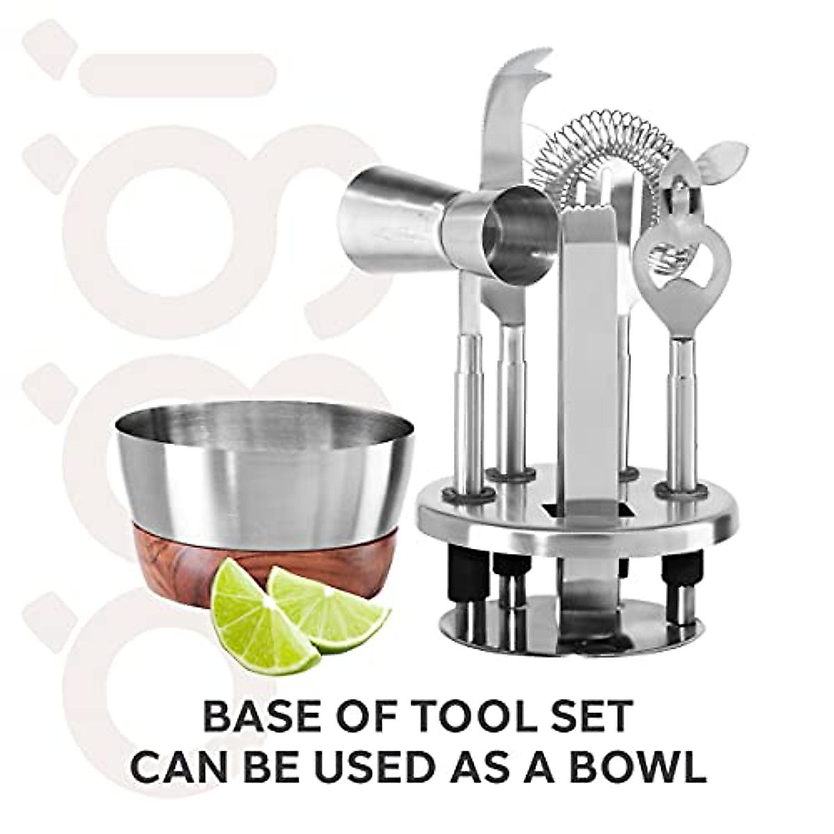 OGGI Modernist Stainless Steel Bar Tool Set w/Wood Accent- Ideal Bar Accessories, Cocktail Set, Bar Set, Bar Cart Décor; Includes Bar Knife, Ice Tongs, Drink Strainer, Double Jigger & Cap/Can Opener