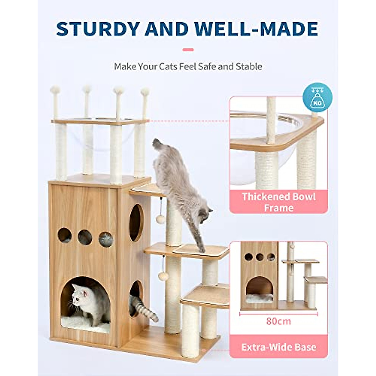 Made4Pets Modern Cat Tree for Large Cat, Wood Cat Tower Heavy Duty with Scratch Post for Indoor Big Cats, 51" Extra Tall Cat Condo Sturdy Frisco Castle with Clear Bowl for Kittens Maine Coon 20Lbs