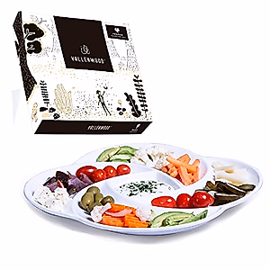 1 Ecology Reusable Non Disposable White Veggie Tray for Partys. 13 in, Unbreakable Melamine Not Plastic. Appetizer Sectioned Platter. Vegetables and Fruits. Chip and Dip Serving Dish for entertaining.