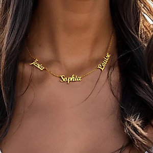Personalized Name Necklace with Curb Chain, 18K Gold Plated Handmade Custom Family Choker Customized Child Nameplate Necklace Mother's Day Jewelry Gift for Mom, Wife (3 Names Necklace)