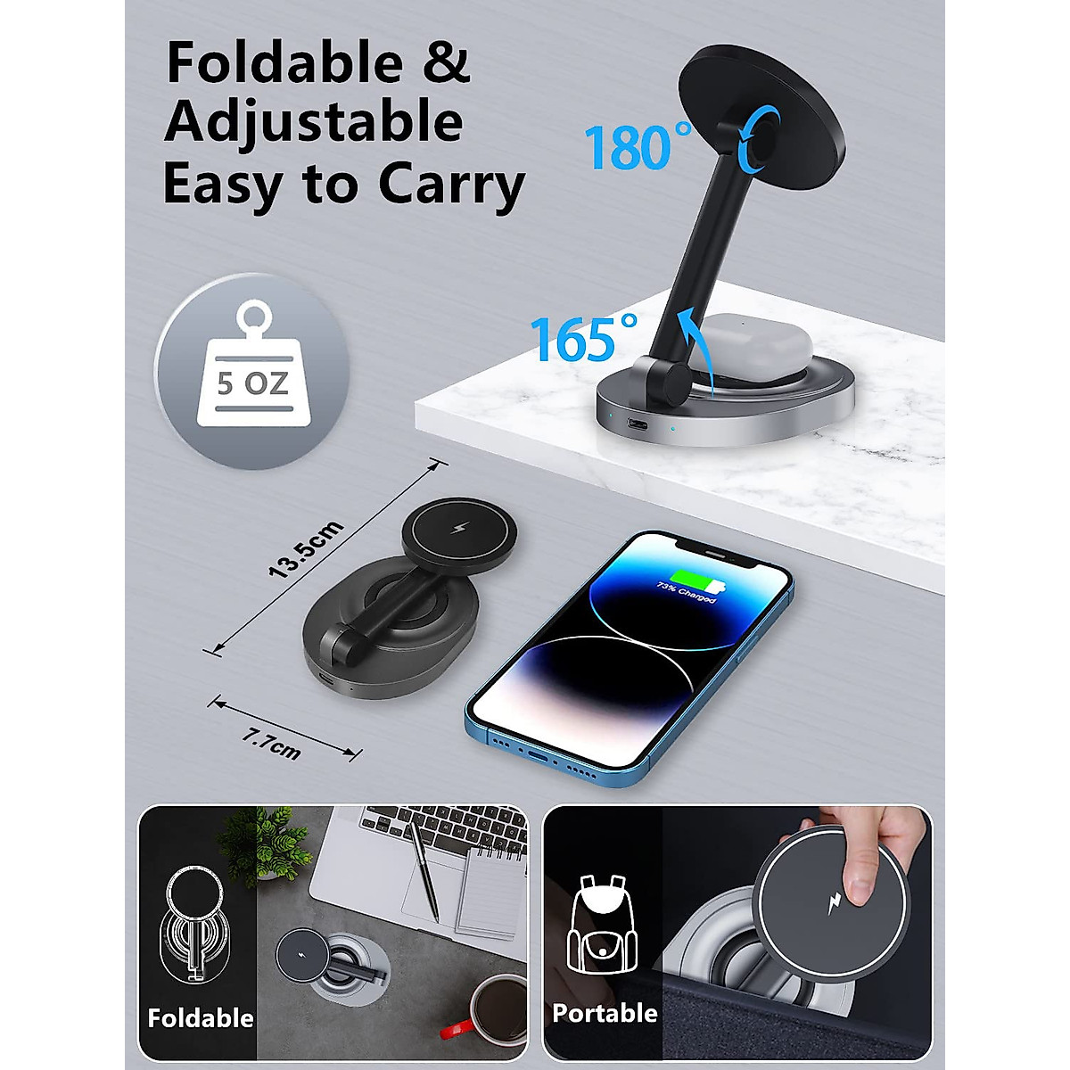 Magnetic Wireless Charger Stand for Mag-Safe Charger, Foldable 15W Fast Wireless Charging Station, 2-in-1 Charging Stand Dock for Apple iPhone 15/14/13/12/Pro/Apple Watch/AirPods 2/ Pro