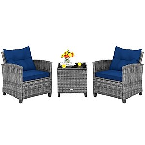 Tangkula 3 Pieces Patio Furniture Set, Outdoor PE Rattan Conversation Chair Set with Tempered Glass Side Table and Removable Cushions, PE Wicker Chairs and Table Set for Porch, Balcony and Garden