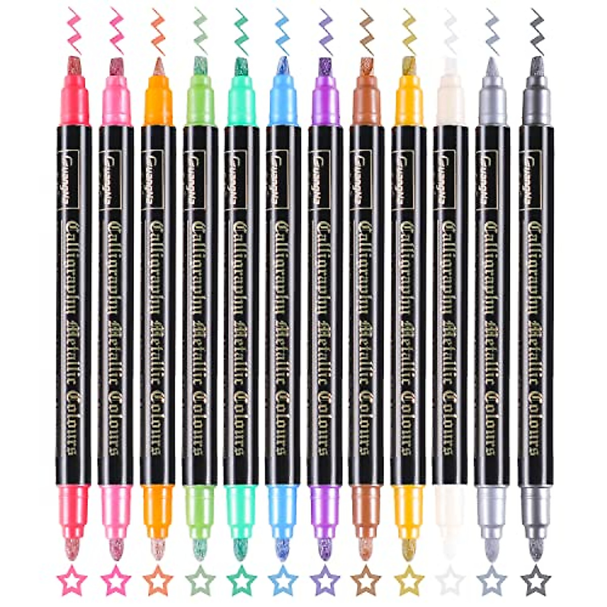 Sunshilor Calligraphy Metallic Marker Pens Dual Tip Chisel and Medium Point Pens for Black Paper, Rock Painting, Easter Egg, Halloween Pumpkin, Card Making, Metal, Ceramics, Wine Glass