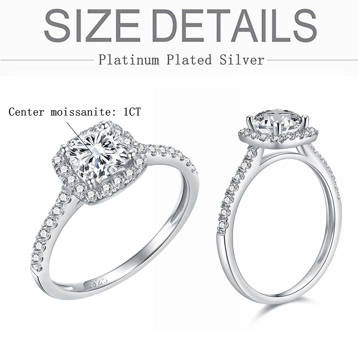 Blocaci Halo Cushion Cut Engagement Rings for Women White Gold 1 Carat Center Moissanite Engagement Rings Platinum Plated Silver Wedding Anniversary Promise Rings for Women(size 9.5)