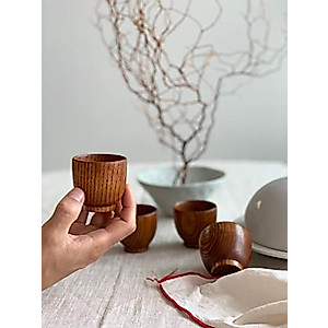 cozymomdeco Asian Traditional Handmade OTTCHIL Wood Sake Soju Cup Gift Box Set Natural Solid Wooden Shot Glass-ware Small Wooden Mug 4Pcs (Paper Box)
