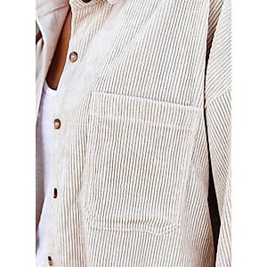 Astylish Womens Corduroy Shirts Button Down V Neck Long Sleeve Blouse Casual Roll Up Cuffed Tops with Pockets Beige S