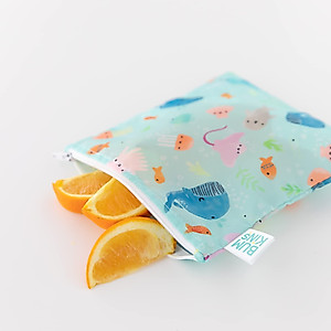 Bumkins Reusable Sandwich and Snack Bags, for Kids School Lunch and for Adults Portion, Washable Fabric, Waterproof Cloth Zip Bag, Travel Pouch, Food-Safe Storage, Large 2-pk Blue Ocean Life