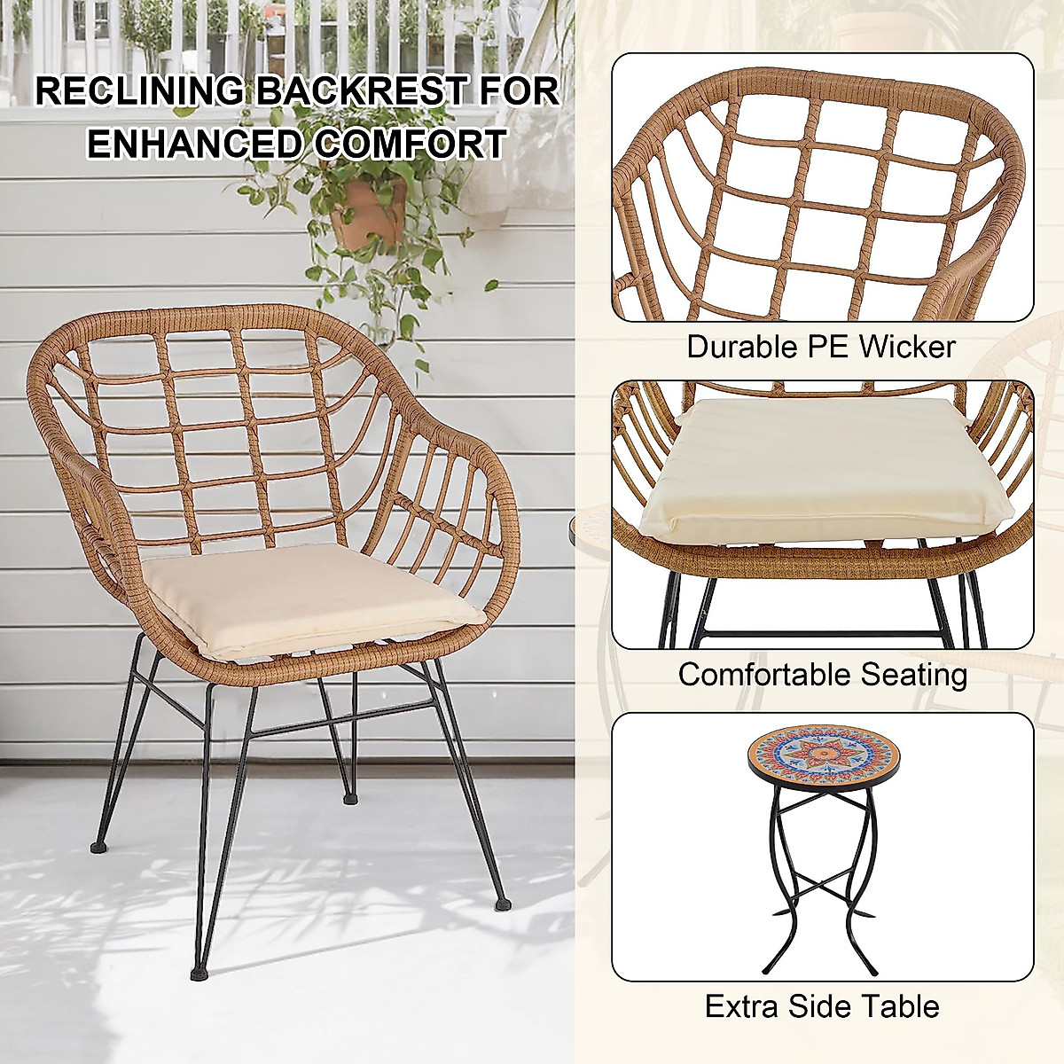 MOOOTTO 3 Pieces Outdoor Conversation Set, Patio Bistro Sets with 2 PE Wicker Chairs and Coffee Table,Patio Furniture Set for Porch, Sunroom, Deck, Backyard