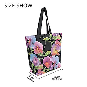 ALAZA Sweet Pea Flower Floral Large Canvas Tote Bag Shopping Shoulder Handbag with Small Zippered Pocket