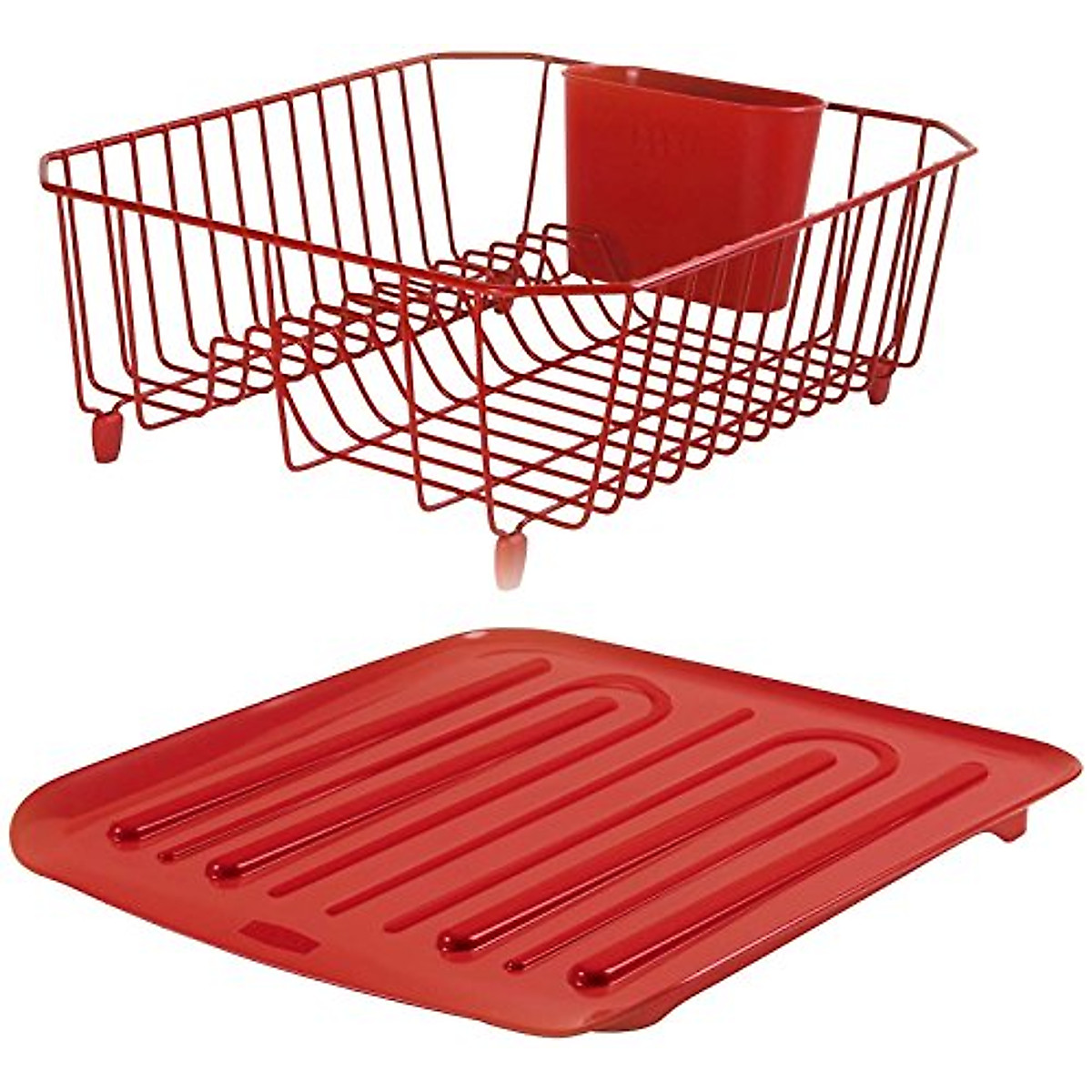 Rubbermaid Sink Set with Dish Drying Rack, Drainboard, Sponge Caddy, and Brush, Red, 4-Pieces