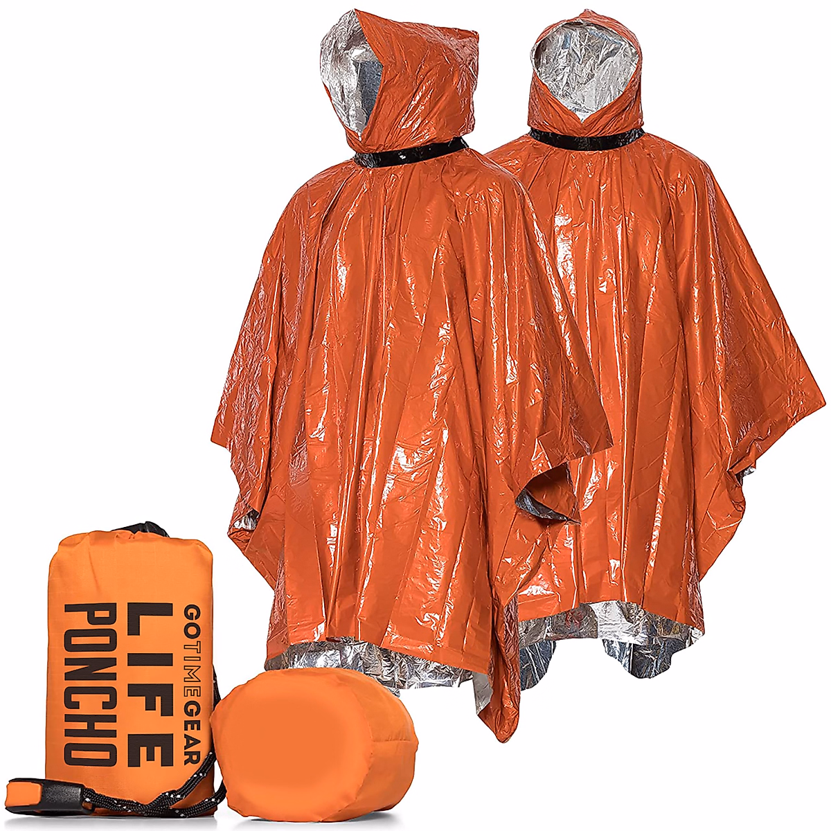 Go Time Gear Emergency Survival Life Poncho - 2 Thermal Mylar Space Blanket Rain Ponchos - Use in Camping, Hiking, Survival Gear & Bug Out Bag - Includes Survival Whistle & Paracord String (Orange)