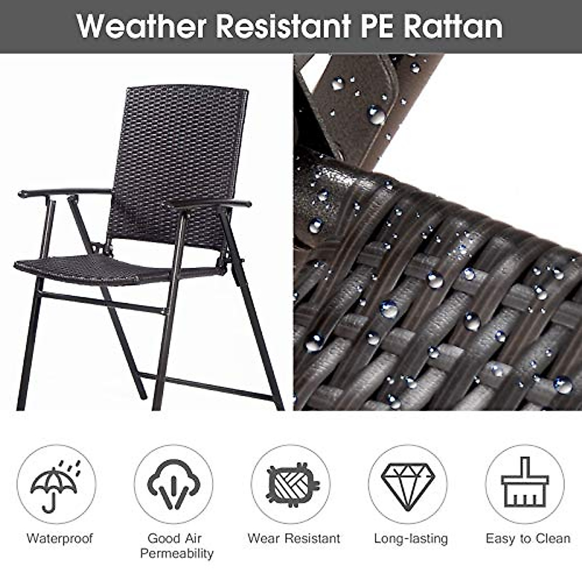 Casart Folding Wicker Rattan Bar Chairs Set of 4 Tall Stool with Back,Steel Frame,Armrests and Footrest Bar Stools Garden Patio Furniture Set