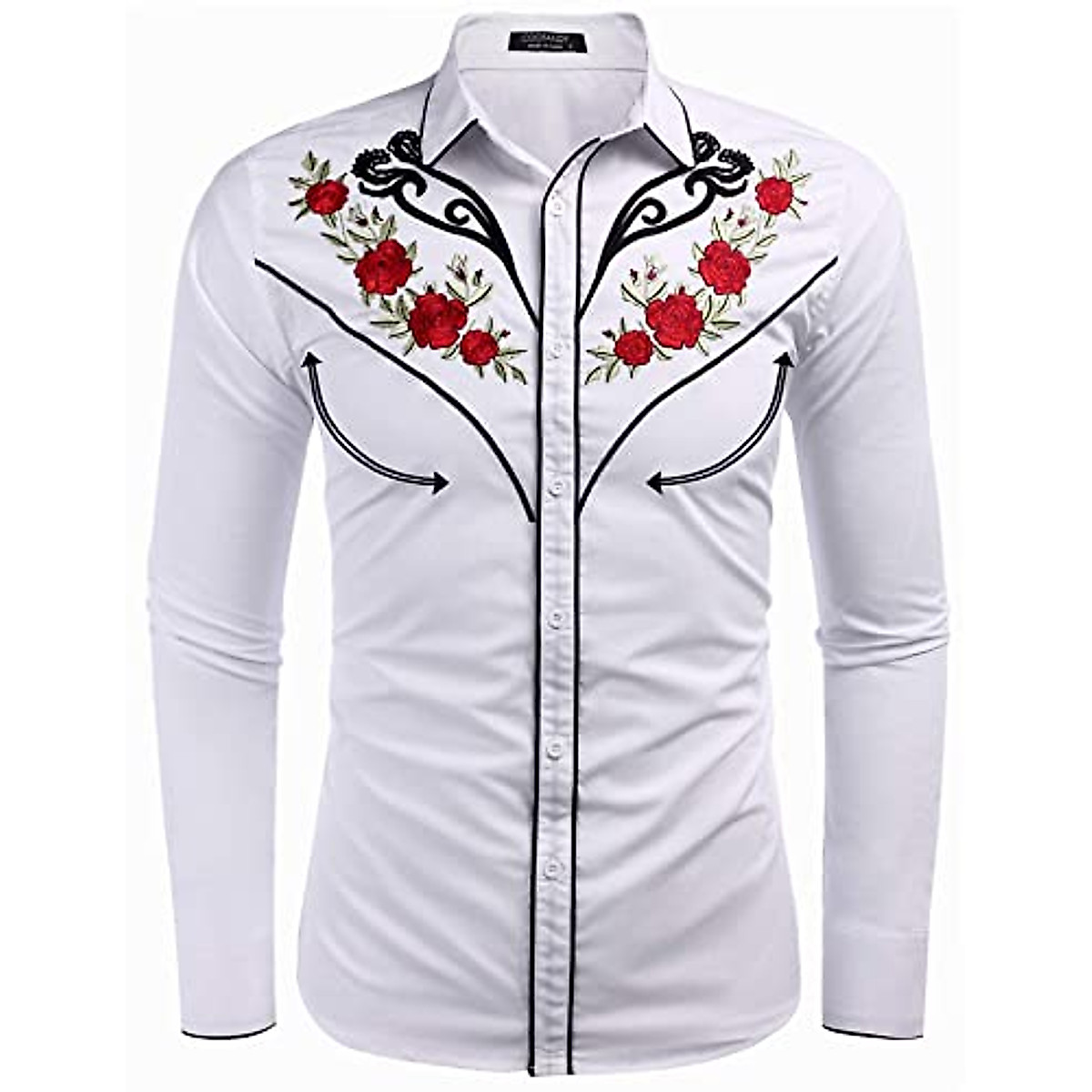 COOFANDY Men's Western Cowboy Shirt Embroidered Rose Vintage Long Sleeve Casual Button Down Shirt