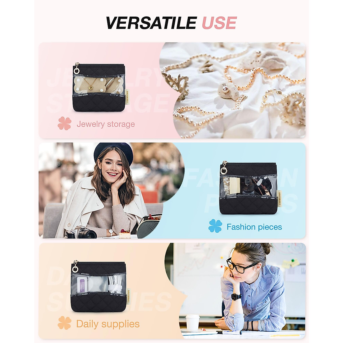 BAGSMART Travel Jewelry Organizer Case,Portable Storage Bag for Travel,Jewelry Pouch for Tangle-Free Necklaces, Earrings,Rings,Bracelet,Small,4pc Pink&Black with 4 Clover