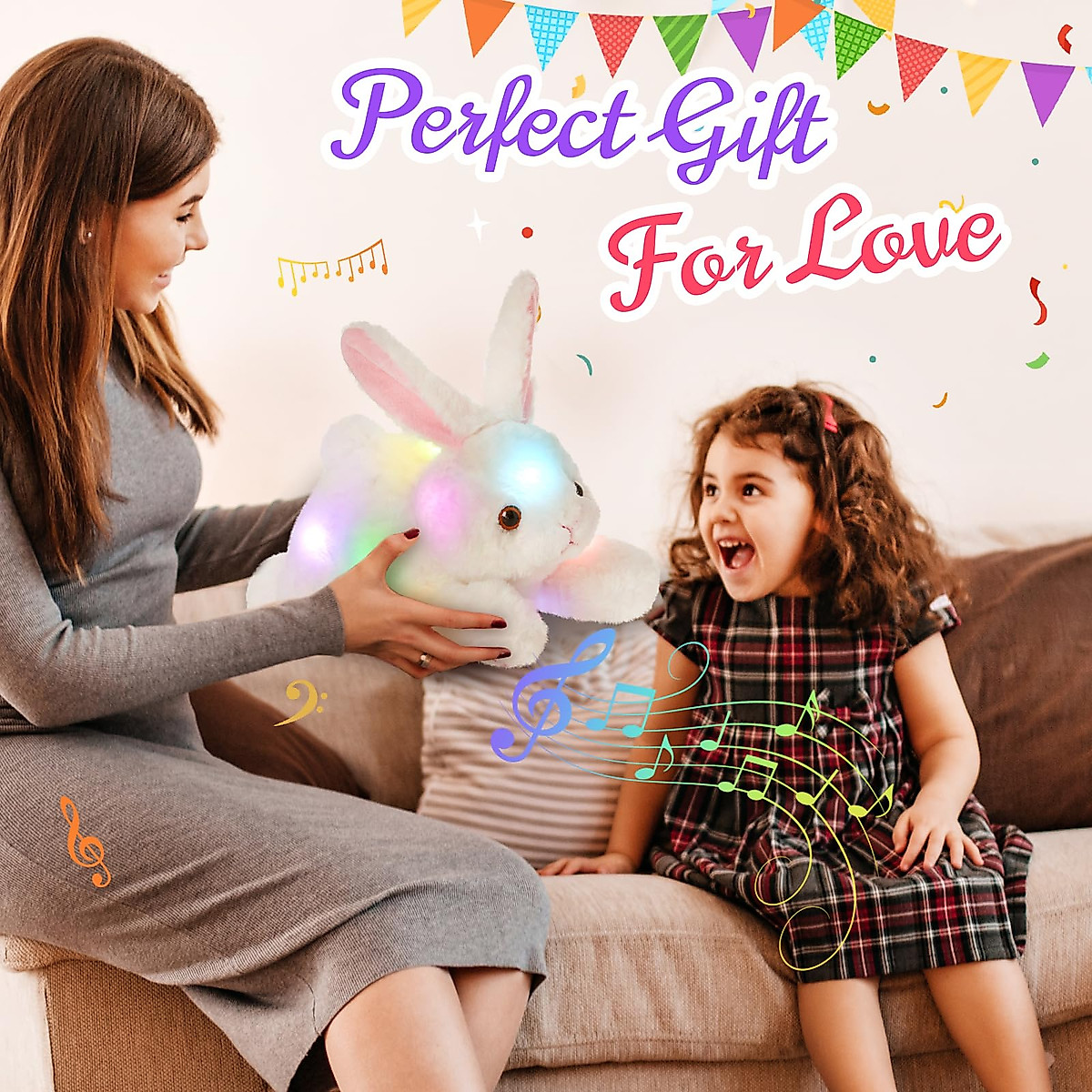 SpecialYou Light up Music Plush Bunny Rabbit Stuffed Animal Rabbit Plushie Toy Glow in The Dark Bedtime Companion Easter Bunny Gift for Kids, 14’’Best Gifts for Easter Day(LED & Musical)