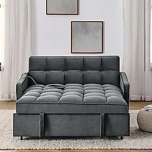 Upholstered Futon Loveseat Sofa Convertible to Sleeper Sofá Bed,Adjsutable Love Seat Chaise Lounge Couch Chair,Sofacama with Two Arm Pocket,Type C,USB Charging and Copper Nail for RV/Living Room