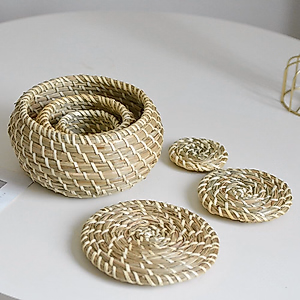 Wicker Basket with Lid, Round Woven Seagrass Basket, Handmade Round Rattan Box Seagrass Box Desktop Storage Basket Box for Home, Bathroom Decor