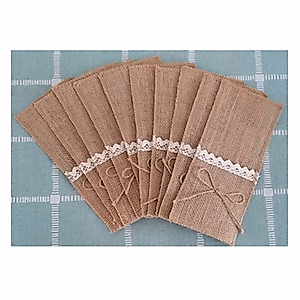 10 Pcs Burlap Lace Utensil Cutlery Holders Cutlery Pouch Knifes Forks Bag for Vintage Natural Wedding Bridal Shower Tableware Christmas Party (4x8inch)
