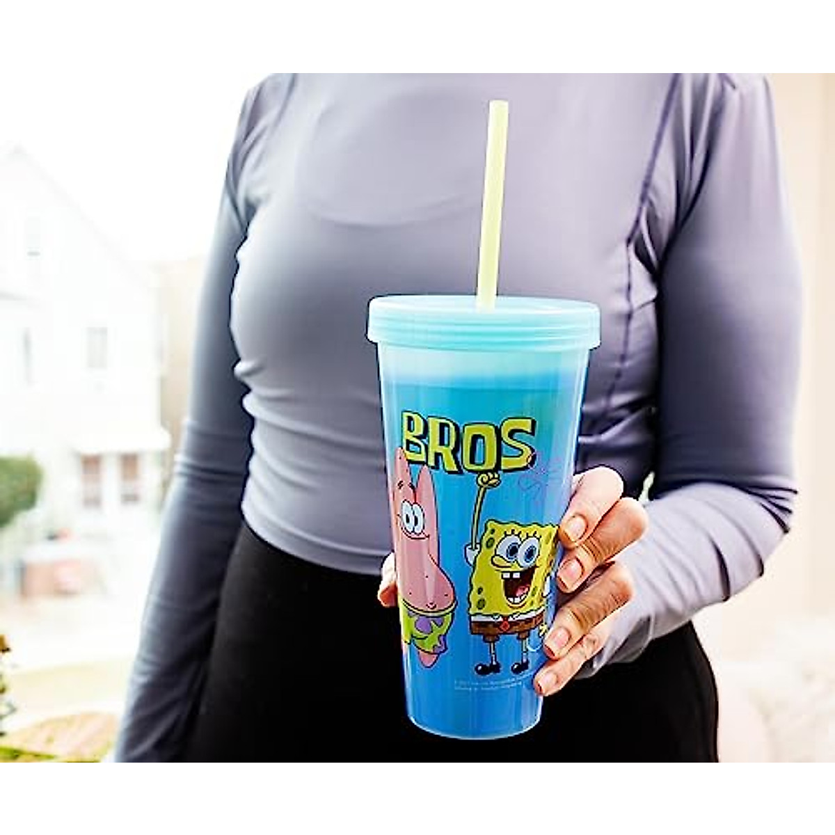 SpongeBob SquarePants "Bros" Color-Changing Plastic Travel Tumbler | Includes Reusable Straw, Leak-Resistant Lid, Fake Ice Cubes | Holds 24 Ounces