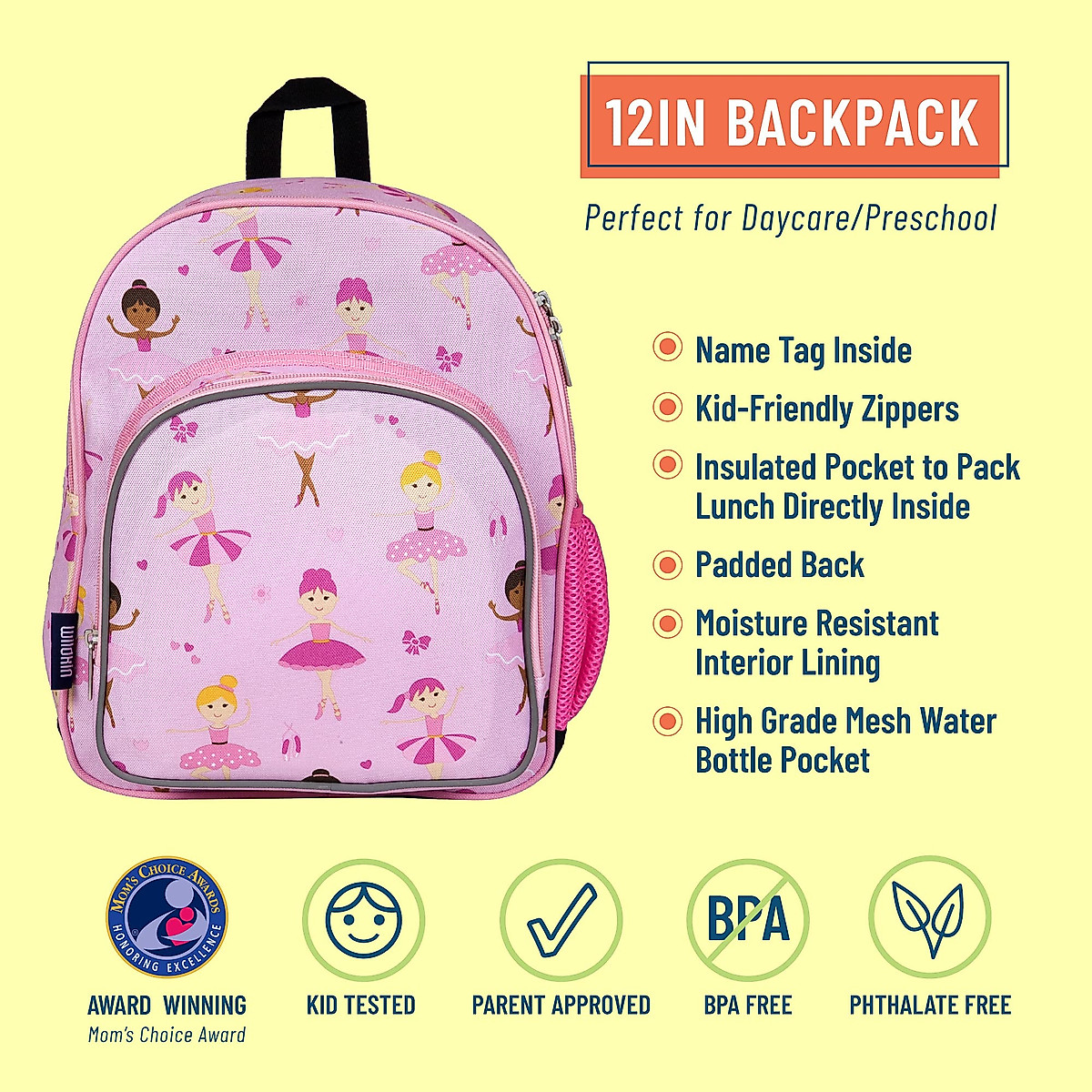 Wildkin 12 Inch Backpack and Lunch Box Bag Bundle with 16 Ounce Reusable Water Bottle (Ballerina)
